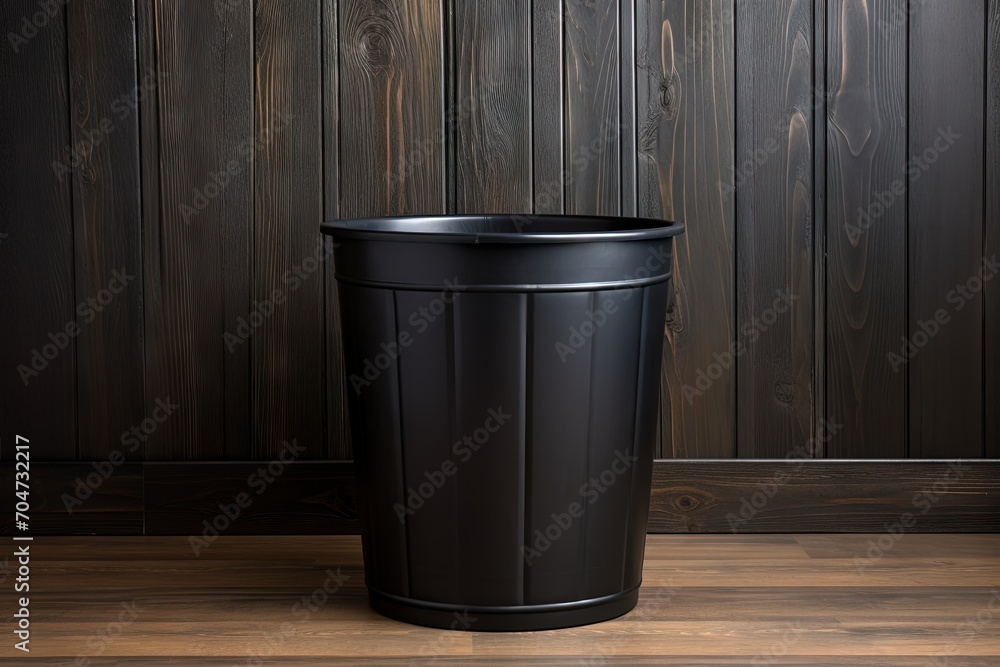 Empty trash can on wooden floor Top view Empty garbage bin banner ...