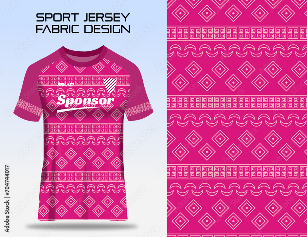 Pink sports t-shirt design template with ethnic pattern for soccer ...