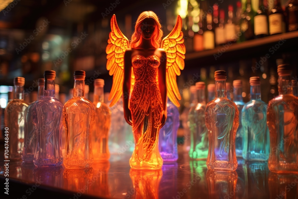 Angelic presence at a bar with bottles filled with radiant liquids ...