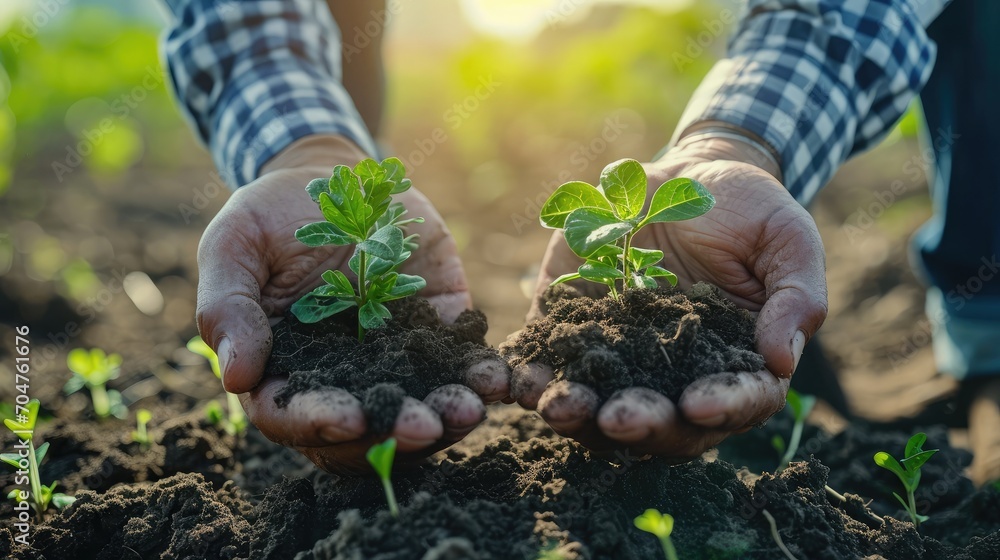 Two hands of the men was carrying of potting seedlings to be planted ...