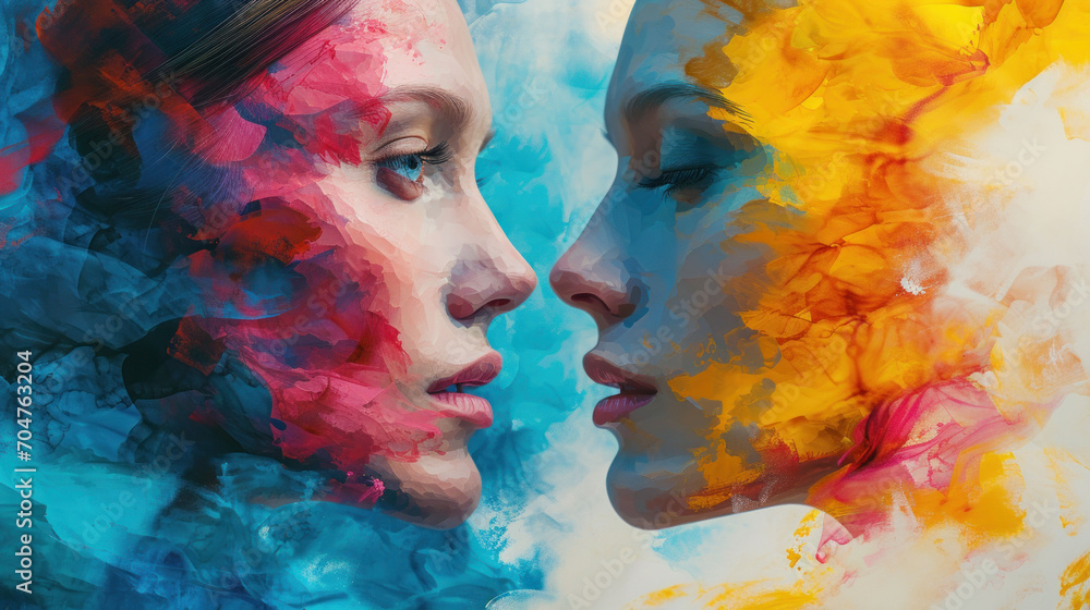 Two profiles infused with a kaleidoscope of colors convey a silent ...