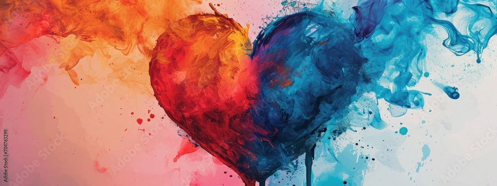 Two hearts, merging in a splash of warm and cool colors, symbolize the ...