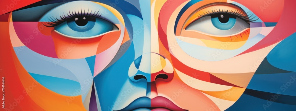 Geometric facial features in a spectrum of colors merge to create a ...