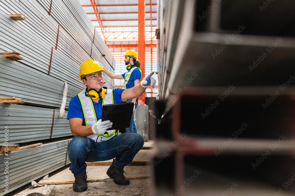 Worker wearing safety uniform using digital tablet inspect product iron ...