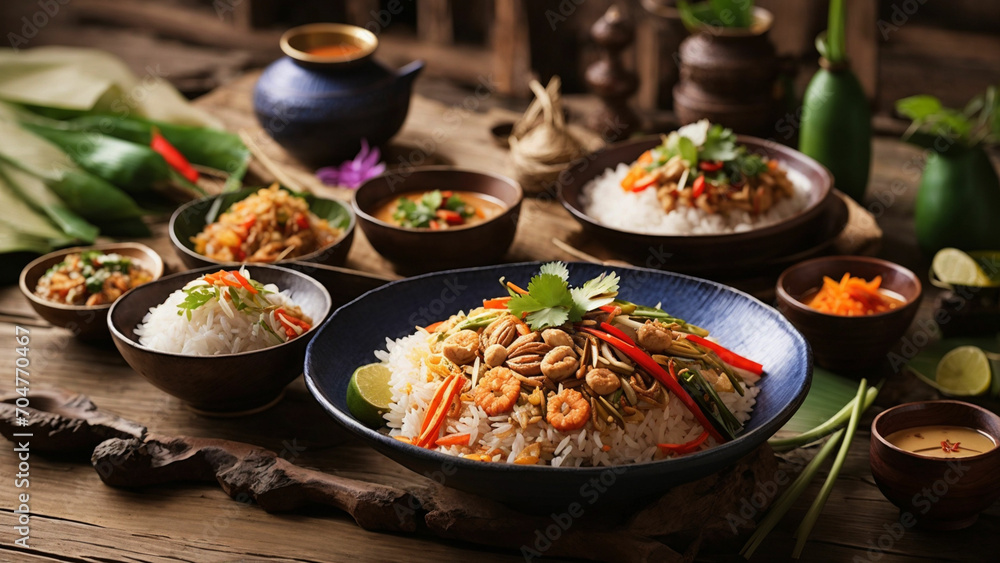 a tempting spread of Rice Thai dishes arranged artfully on a rustic ...