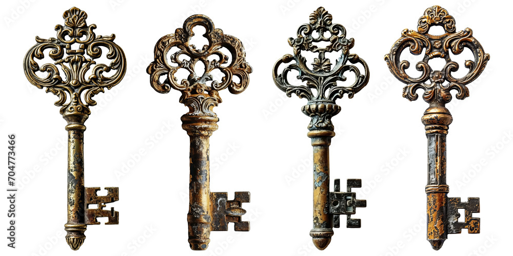 Set of vintage golden keys isolated transparent background. PNG ...