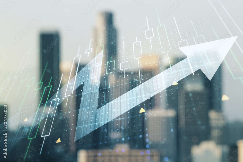 Multi exposure of abstract financial diagram and upward arrow on blurry ...