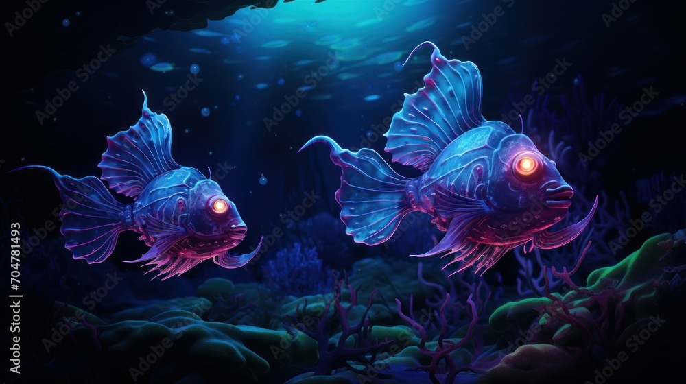 two blue fish with glowing eyes in a dark sea with corals and algaes on ...