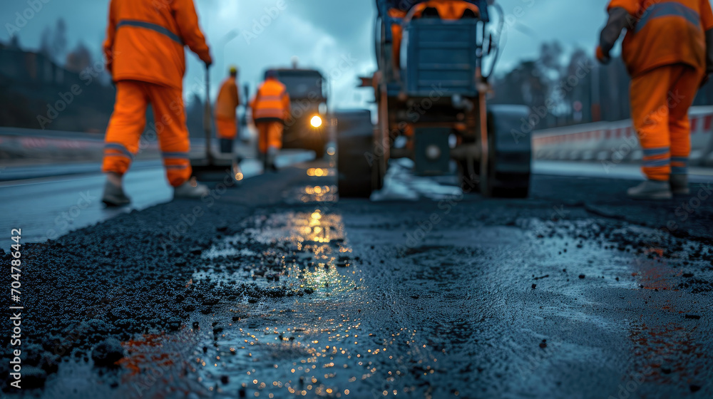 asphalt pavement workers working on asphalt road,Construction site is ...