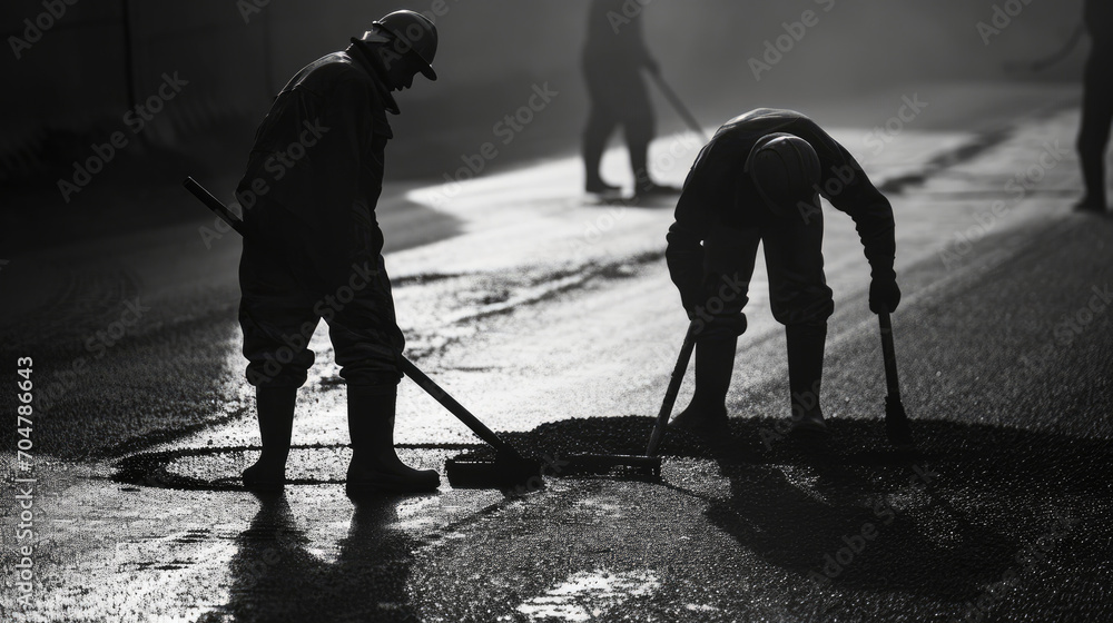 asphalt pavement workers working on asphalt road,Construction site is ...