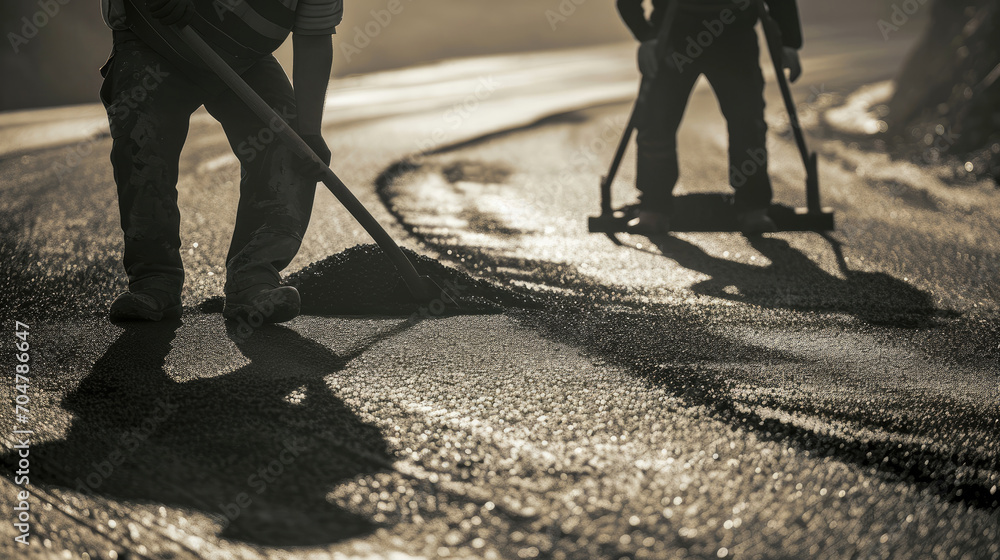 asphalt pavement workers working on asphalt road,Construction site is ...