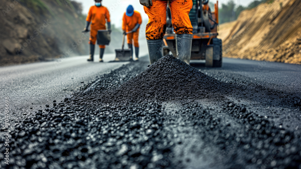 asphalt pavement workers working on asphalt road,Construction site is ...