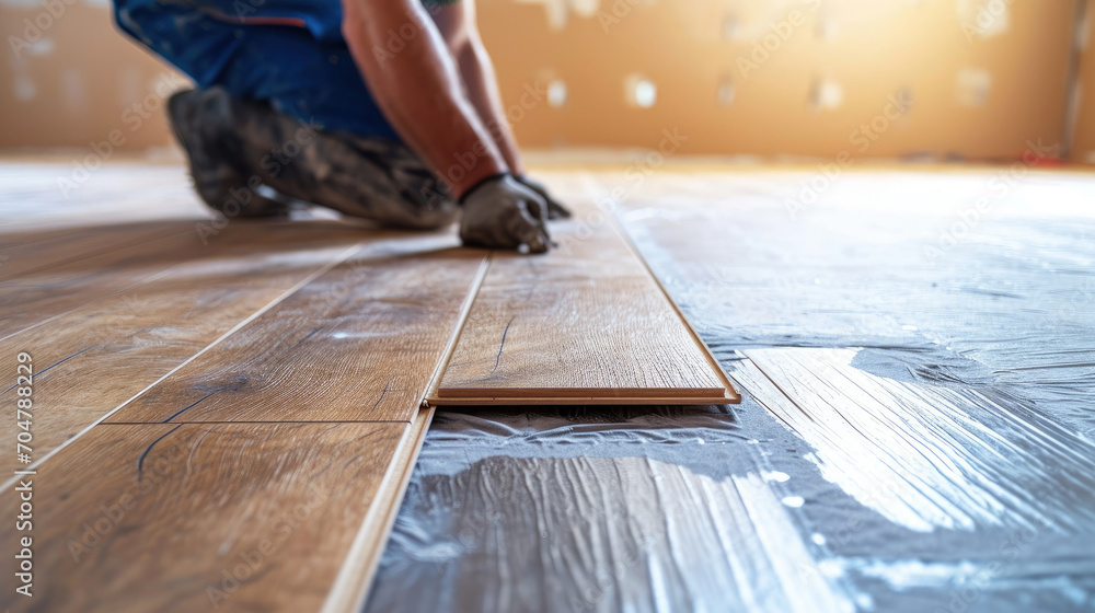 person installing wood flooring in an empty room,a close up of a man ...