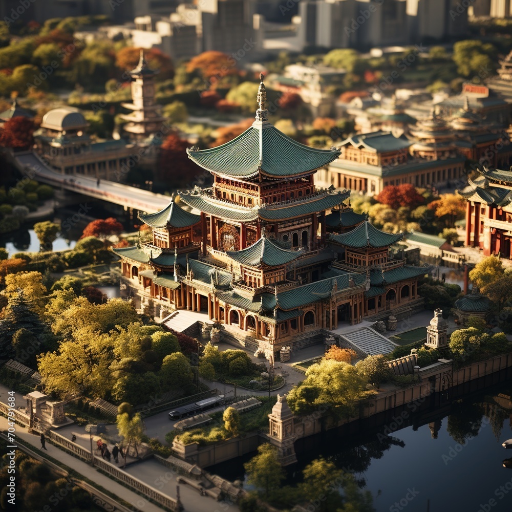 Miniature Chinese palace with intricate architecture and reflective ...