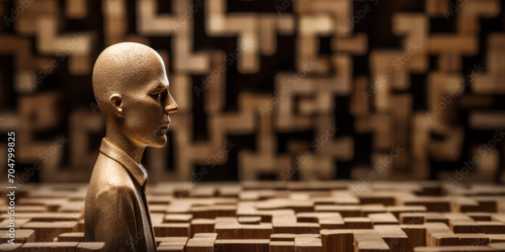 A statue of a figure stands in a maze, its presence adding depth to the ...