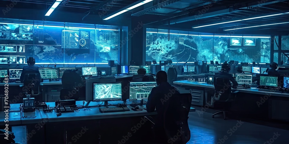 Innovative command hub. Futuristic technology center with holographic ...