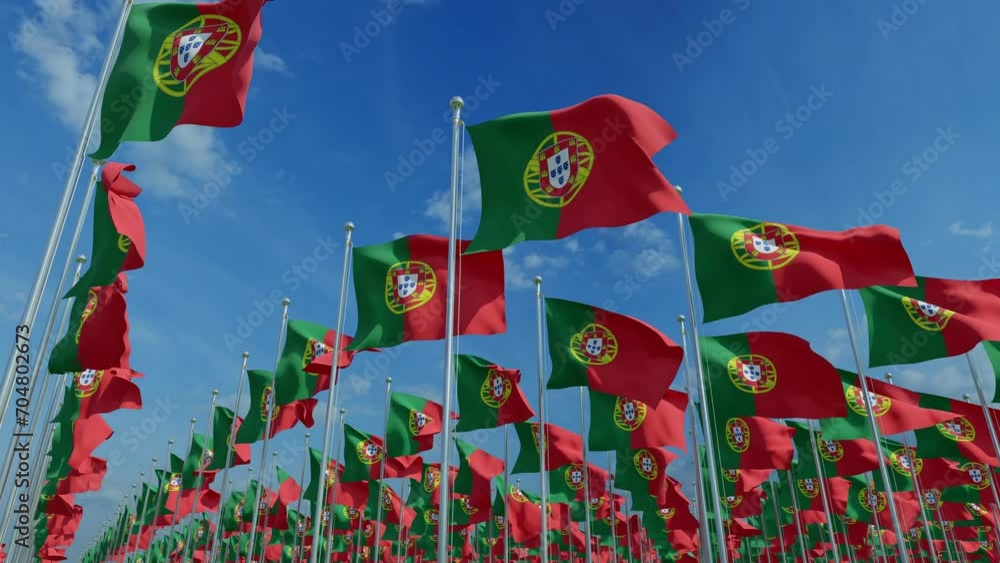 Vidéo Stock Group of Portugal flags on the flagpole fluttering in the ...