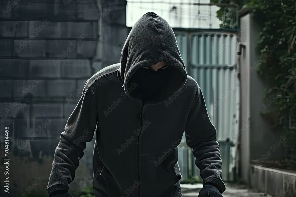 Silhouette of dangerous criminal. Masked man holding crowbar in shadows ...