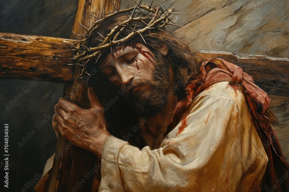 A symbolic representation of Jesus walking a path towards Golgotha ...