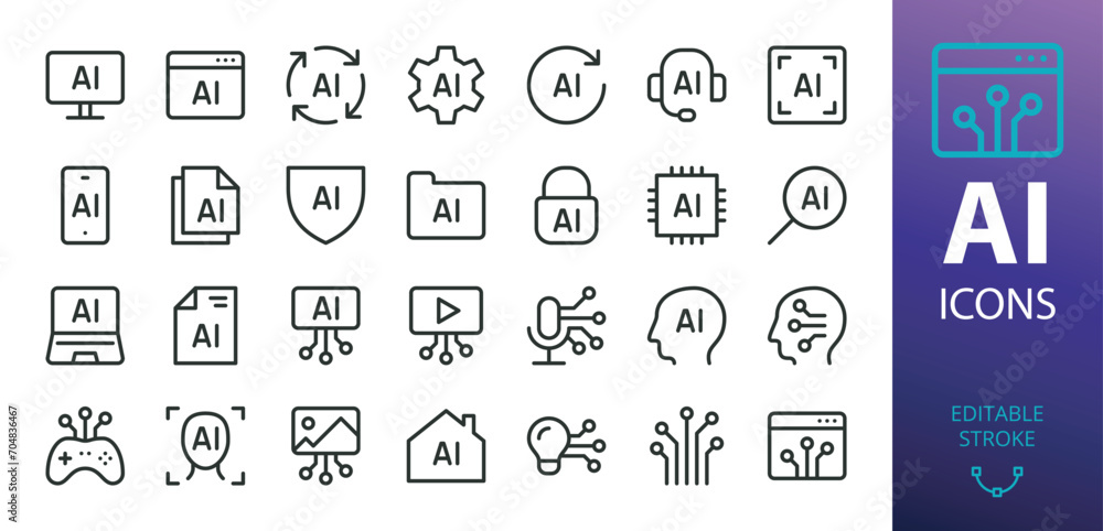 AI technology isolated icons set. Set of artificial intelligence ...