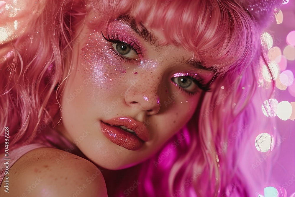 Beautiful woman model with pink glitter professional make up and pink ...