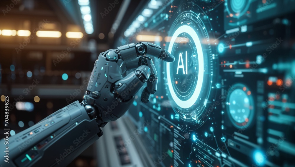 Robot hand pushing a AI button, AI touch screen hologram, technology ...