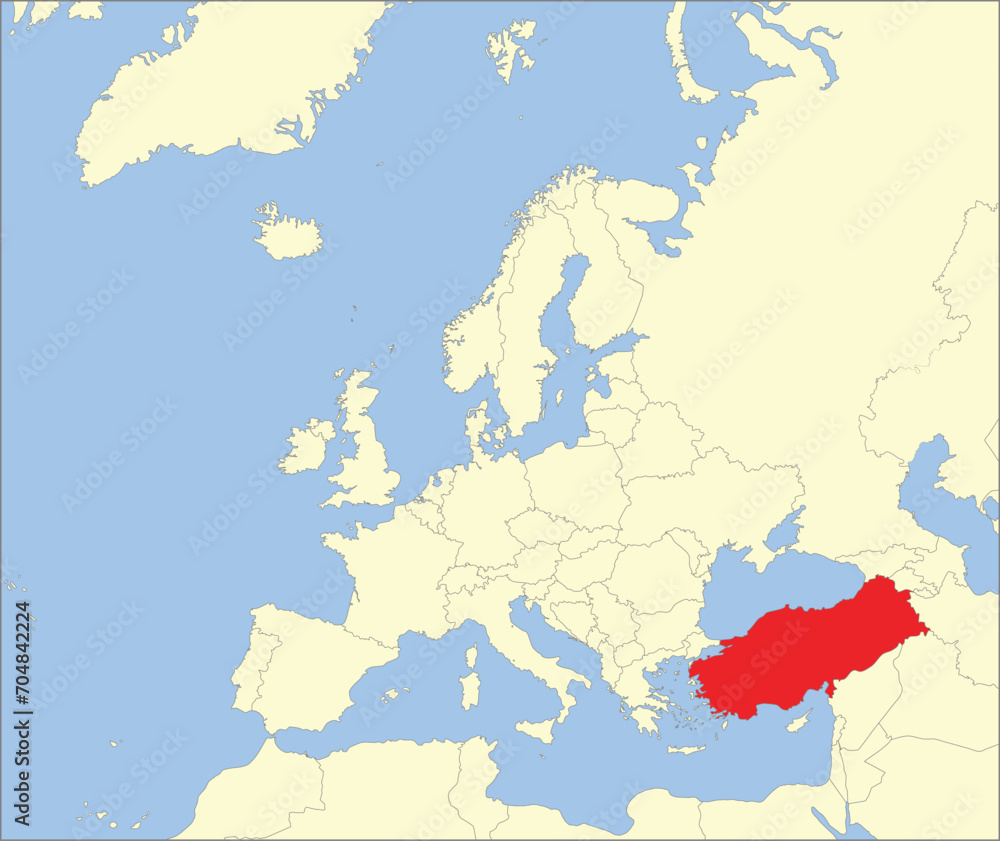 Red CMYK national map of TURKEY/TURKIYE inside detailed beige blank ...