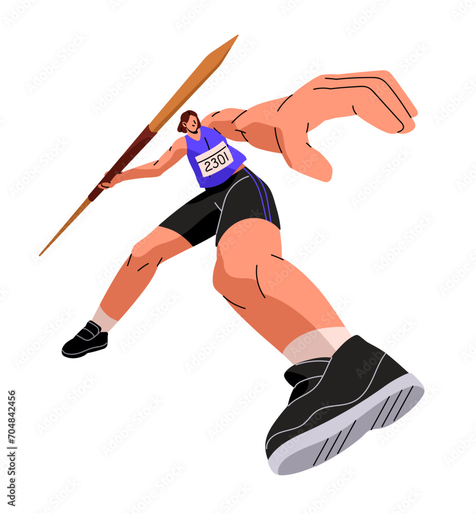 Professional athlete throws javelin. Sportswoman prepares, swings to ...