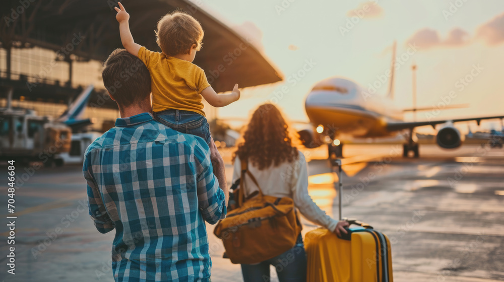Moment at an airport where a father is carrying his child on his ...