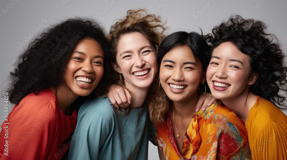 Studio portrait of three beautiful women in their 30s from diverse ...