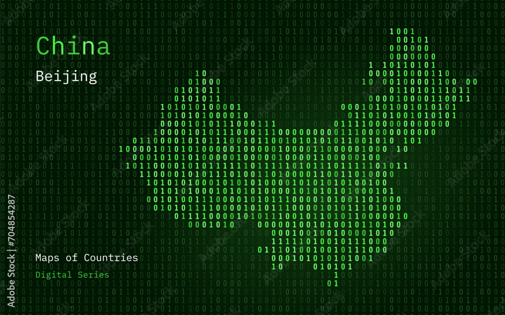 China Gold Map Shown in Binary Code Pattern. TSMC. Green Matrix numbers, zero, one. World ...