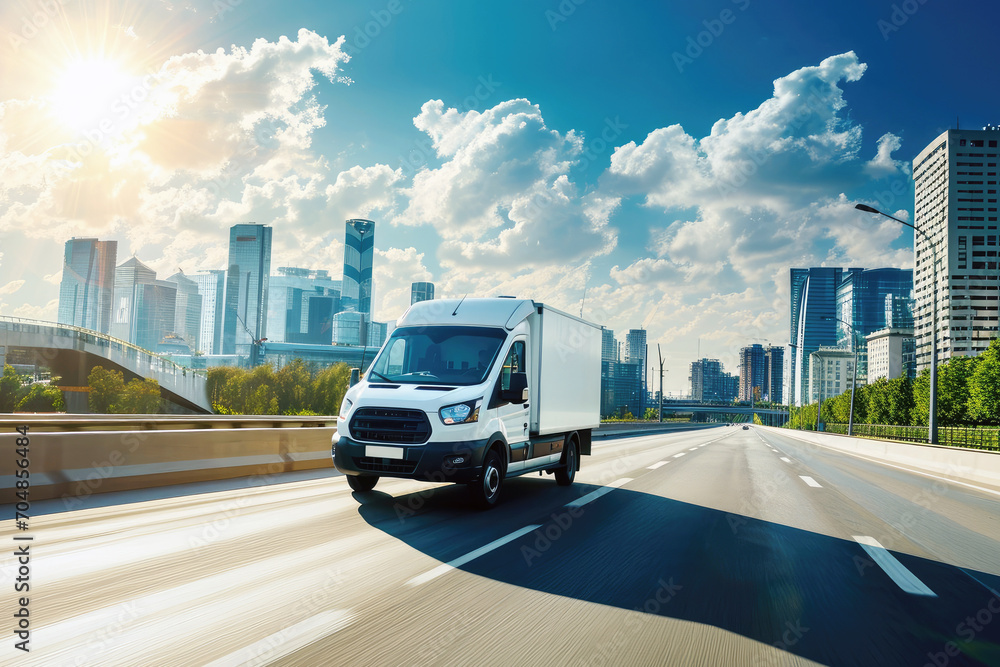 A modern delivery service van vehicle travels along a highway in a ...