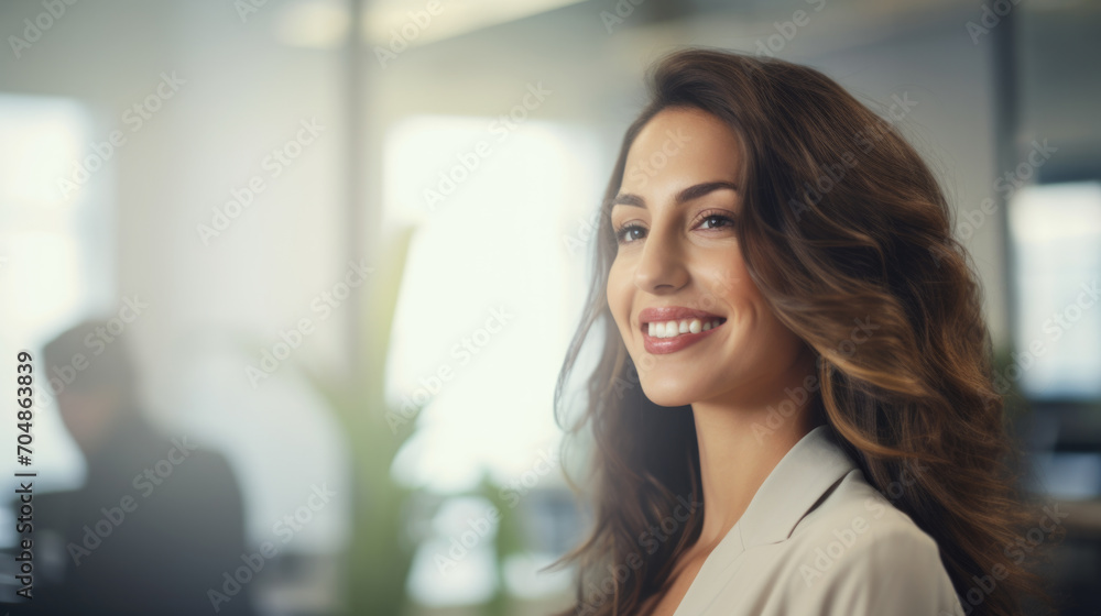 Portrait of young confidant business woman standing in the office ...