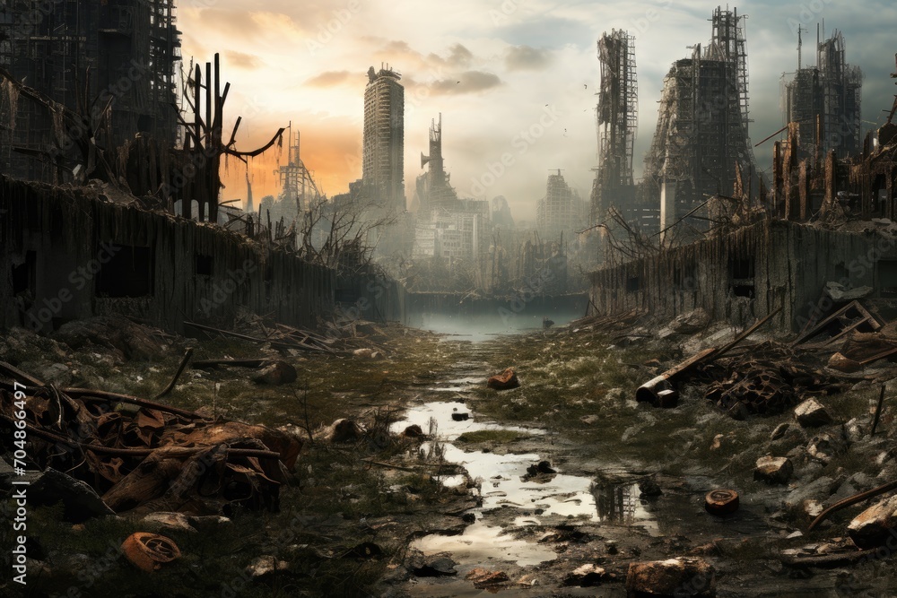 This image depicts a grim cityscape overwhelmed by litter, garbage, and ...
