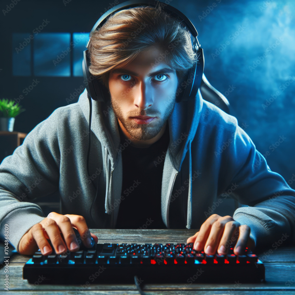 Gamer in headphones at a glowing keyboard, immersed in intense focus ...