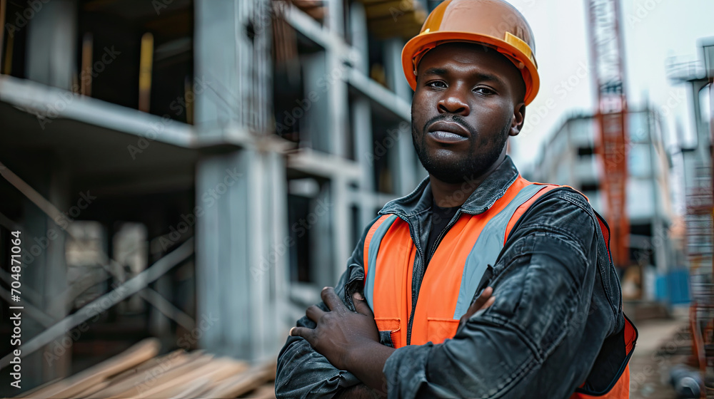 Portrait of a black construction worker dressed in work uniform and ...