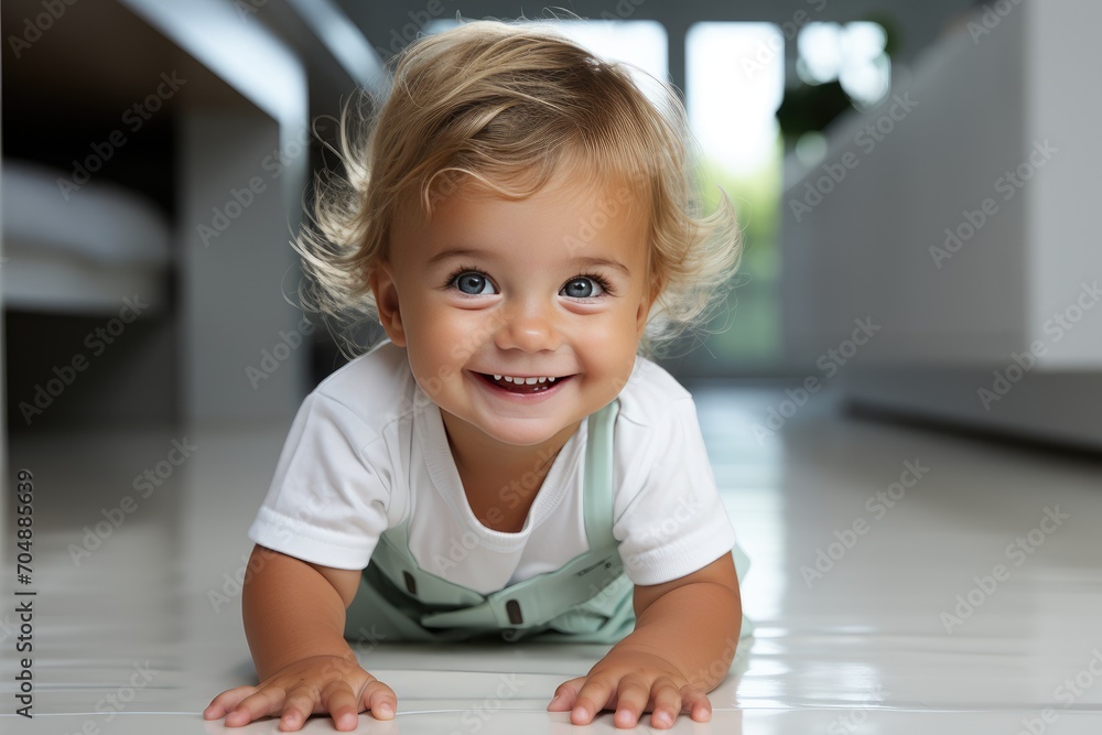 Smiling small little baby in diaper crawling on white floor background ...