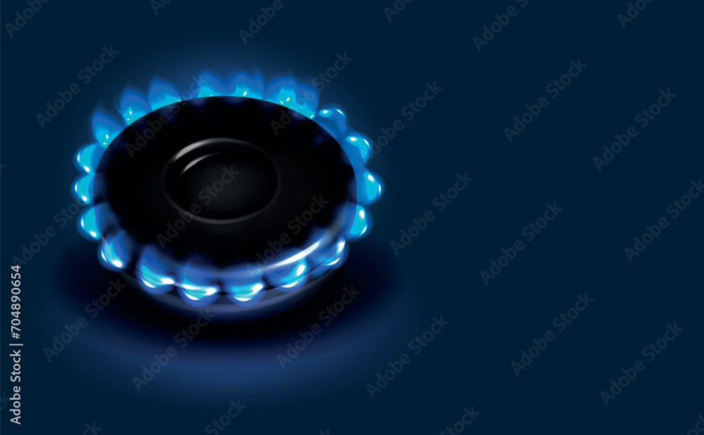 Gas burner with blue flame, glowing fire ring in blue color on the ...