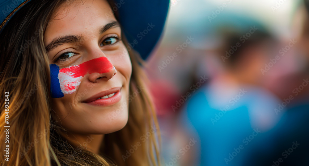 Smiling French female supporter with the French national flag painted ...
