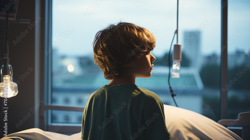 Back view of kid patient sitting on hospital bed looking out of window ...