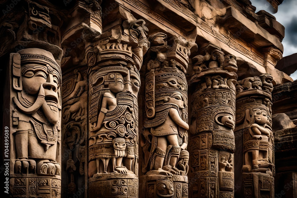 The intricate carvings on an ancient stone pillar, depicting mythical ...