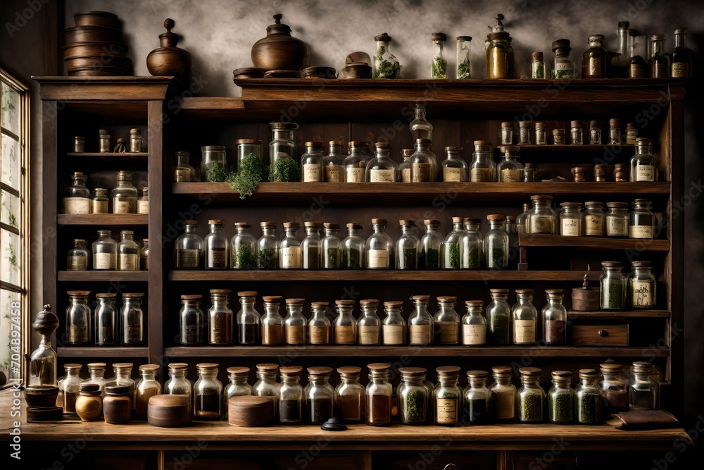 A vintage apothecary with dark wooden shelves lined with glass jars ...