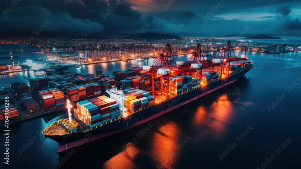 Container ship unloading in deep sea port, Aerial business commercial ...