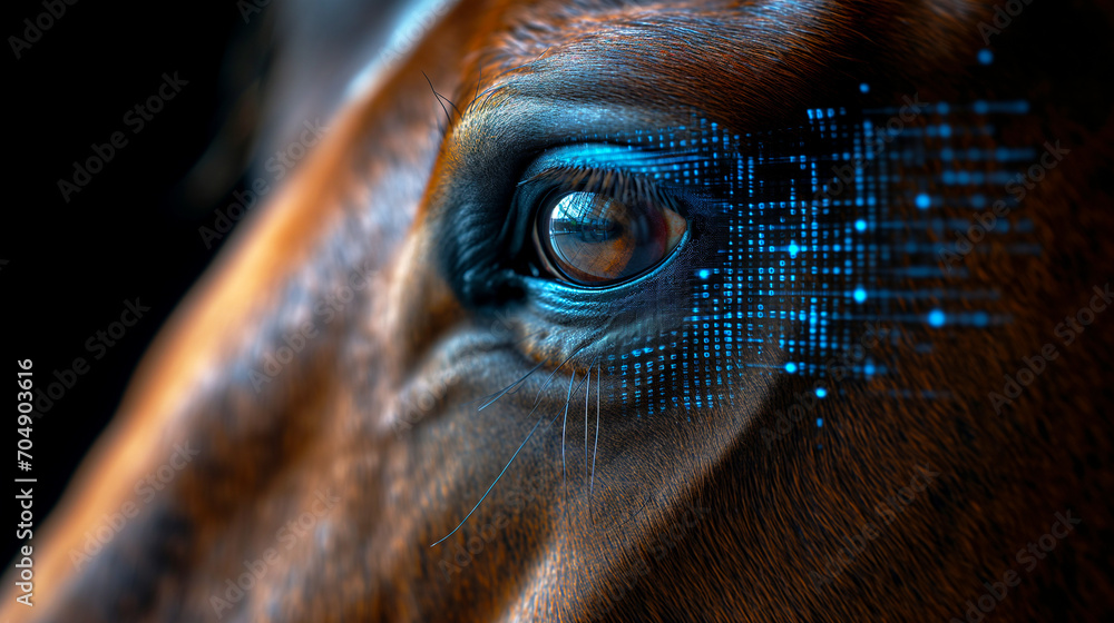 close-up of a horse's eye with digital, blue binary code overlaying its face, merging animal ...