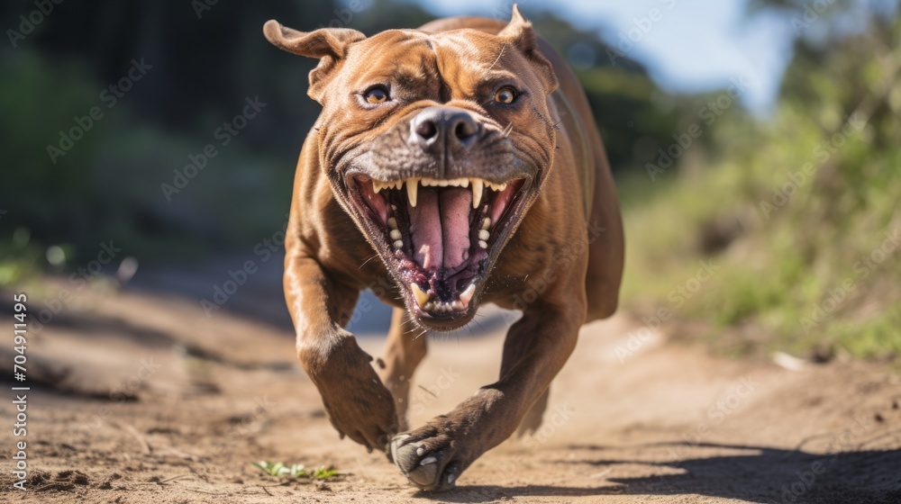 An aggressive brown pit bull runs right up to the camera with its mouth ...