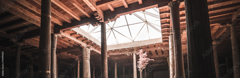 Interior inside the ancient Juma mosque with wooden carved mosaic ...