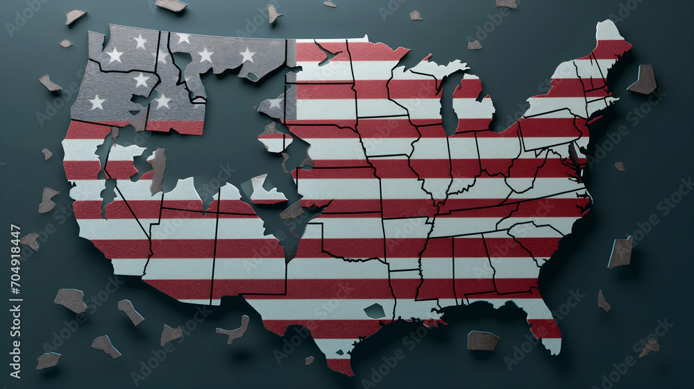 USA map with flag colors crumbling, symbolizing national disunity and ...