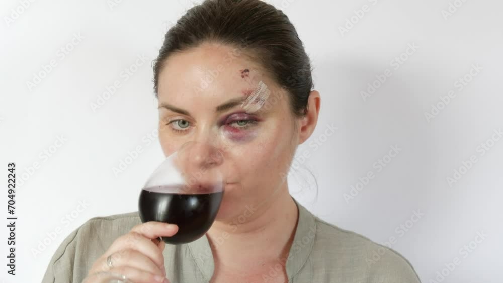 Woman drinking wine from a glass with Large real bruise hematoma under ...