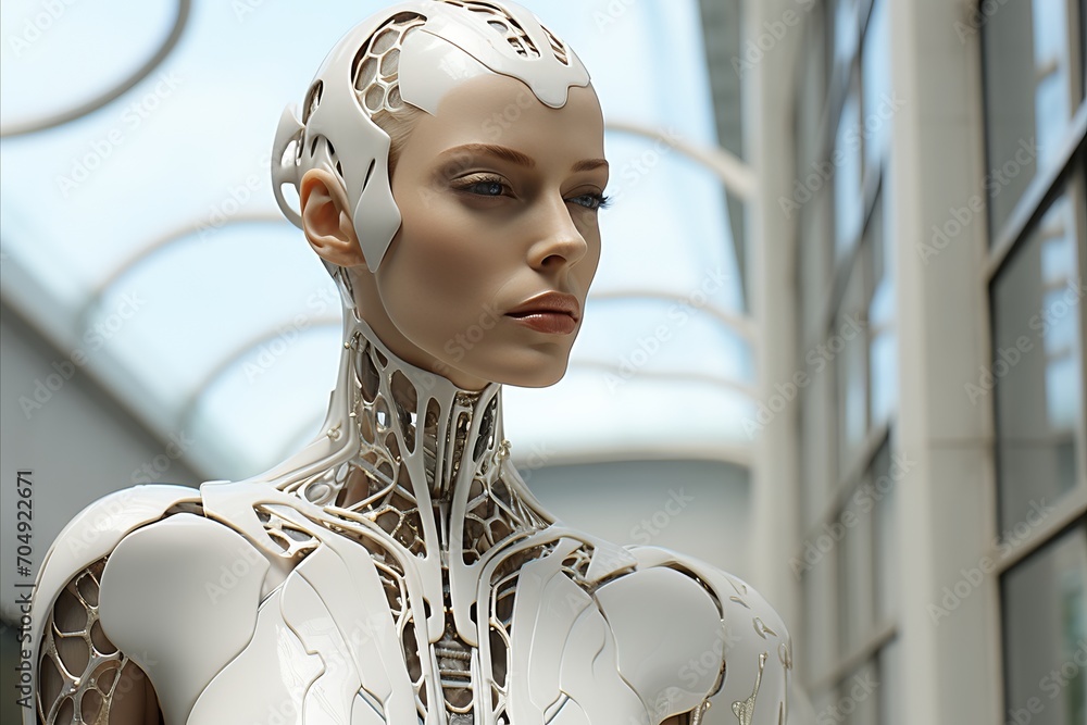 A futuristic cyborg woman stands before a dark, futuristic city, her ...