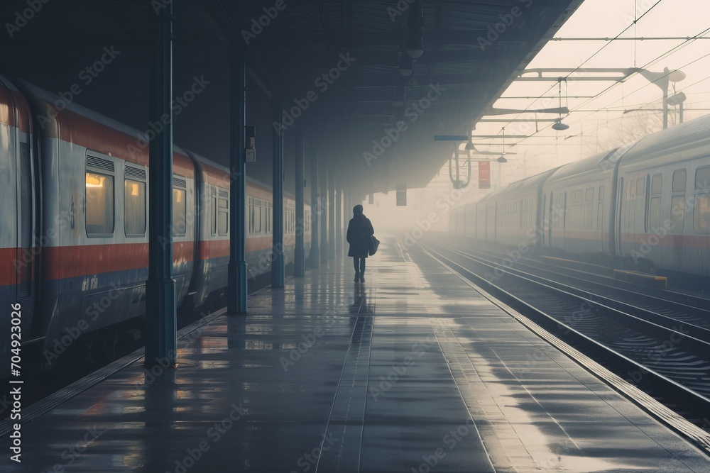 A solitary figure waits on a platform at the train station, creating a ...